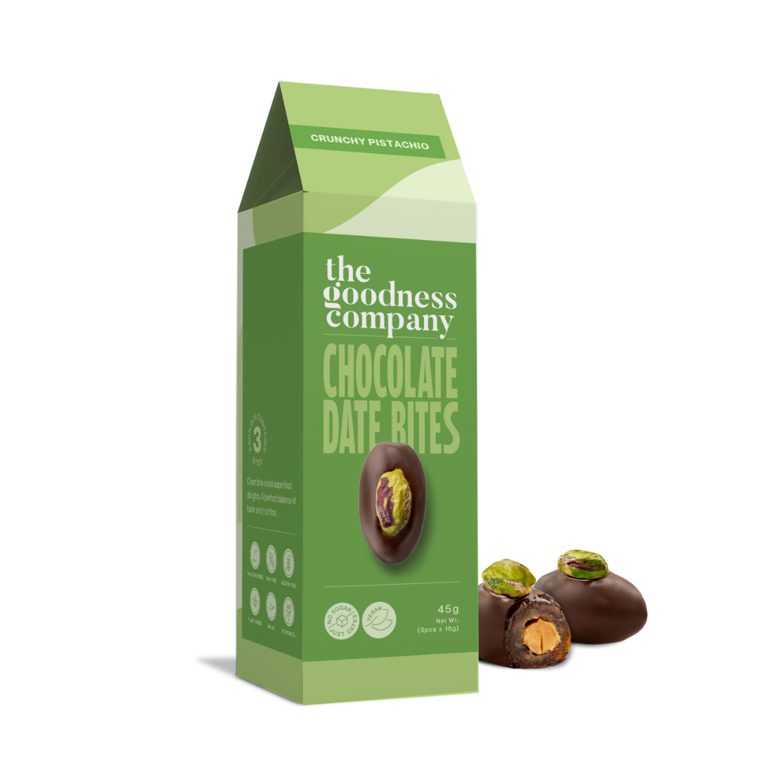 Crunchy Pistachio Vegan Chocolate Date Bites (12 Boxes) - The Goodness ...